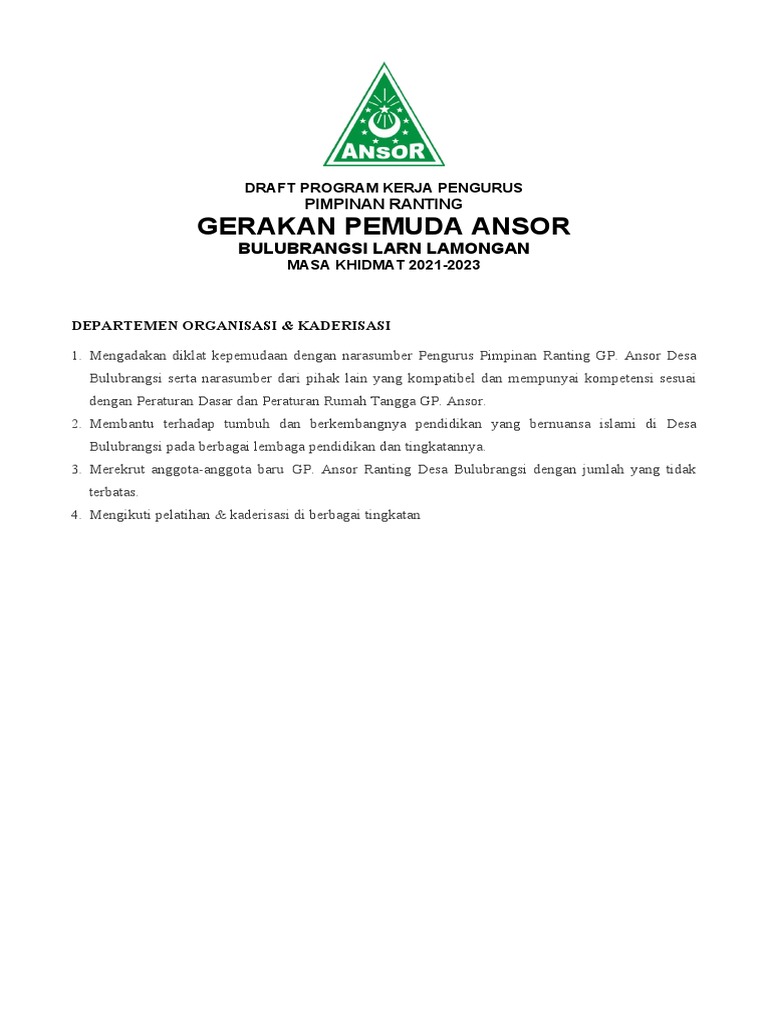Draft Program Kerja Pengurus PR GP Ansor 2021 2023 | PDF