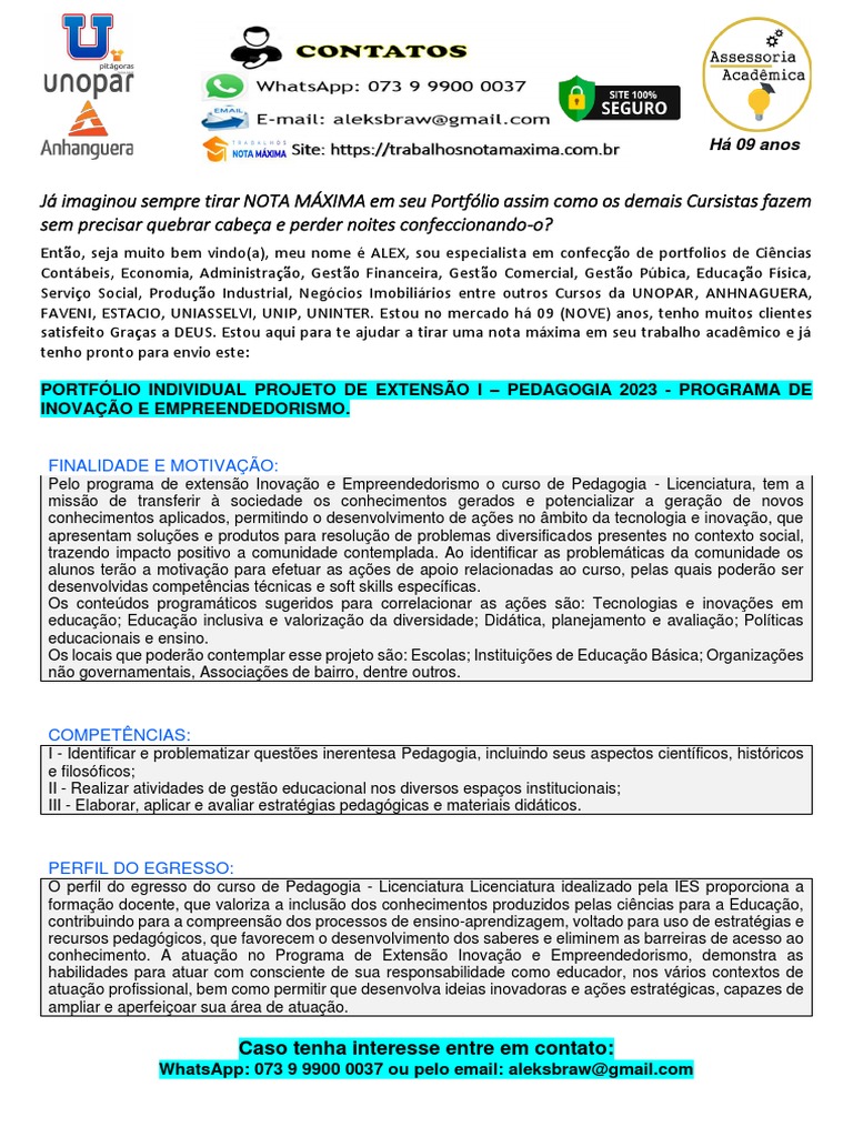 Portfólio Individual Projeto de Extensão I – Pedagogia 2023 - Programa ...