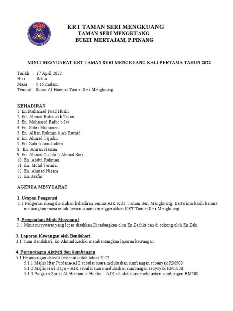 Minit Mesyuarat KRT 1 2022 | PDF