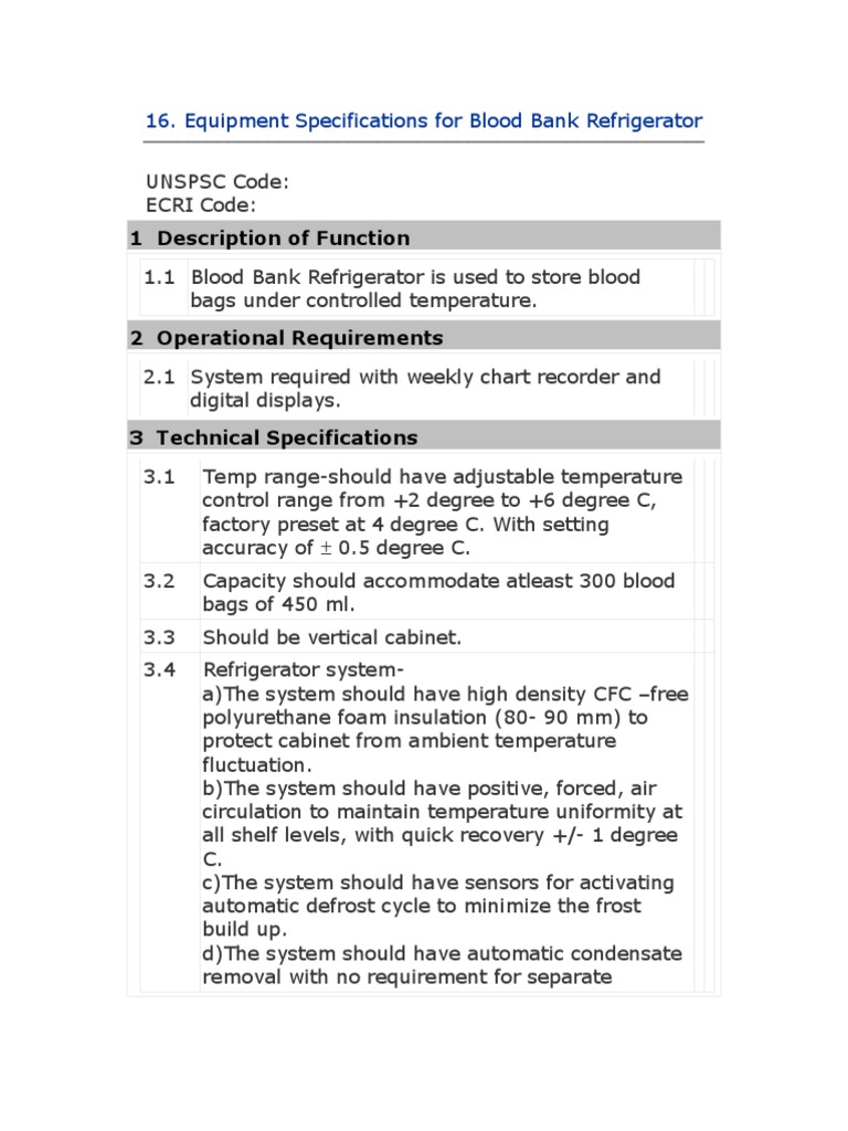 Specification for a Blood Bank Refrigerator: Requirements for ...