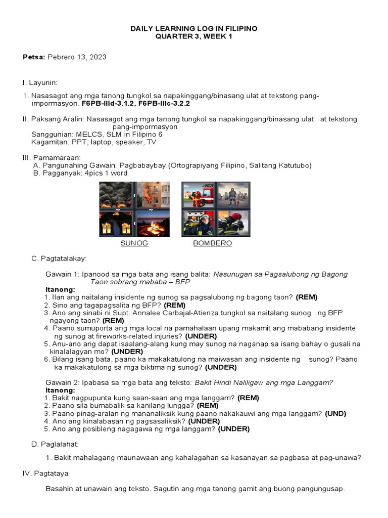 Daily Learning Log in Filipino Quarter 3, Week 1 Petsa: Pebrero 13 ...