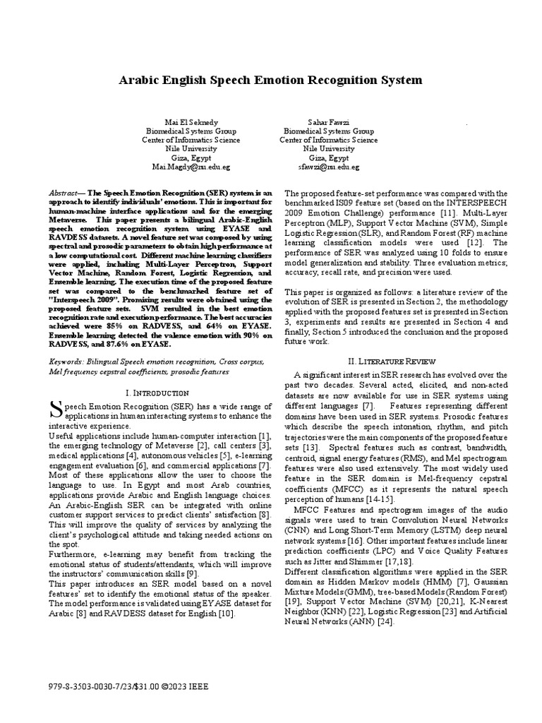 Arabic English Speech Emotion Recognition System | PDF | Cross Validation (Statistics) | Support ...