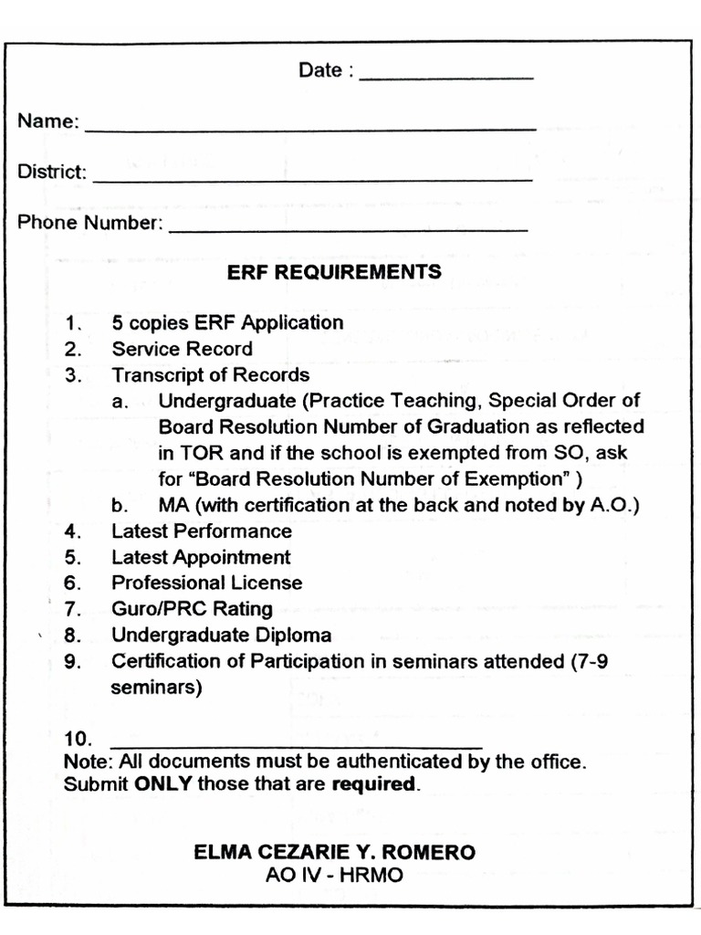 Erf Requirements Form and Certification 1 | PDF