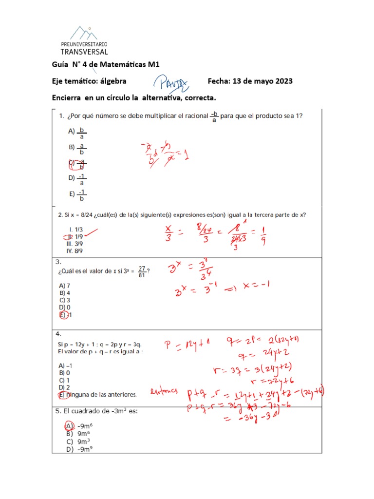 Guía N°4 Mat M1 - Algebra RESOLUCION | PDF | Matemáticas | Matemática Elemental