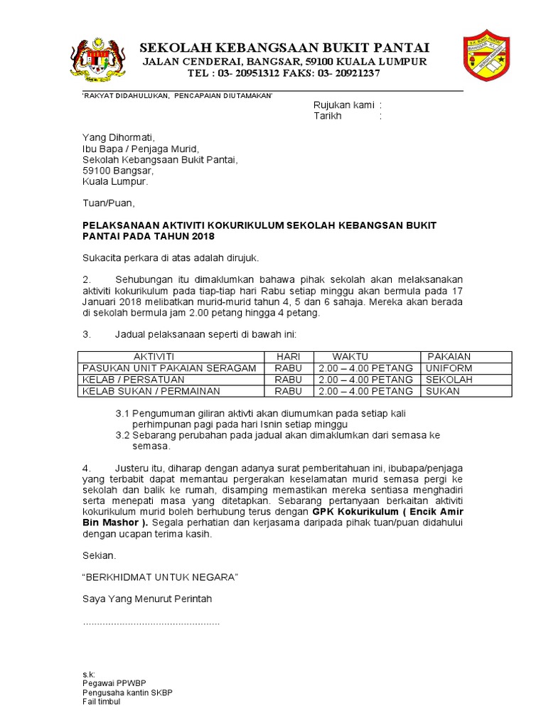 Surat Pemberitahuan Aktiviti Kokurikulum Di Sekolah | PDF