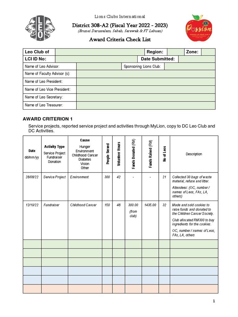 308-A2 Leo Clubs Award Criteria Checklist FY22-23 XXXXX | PDF