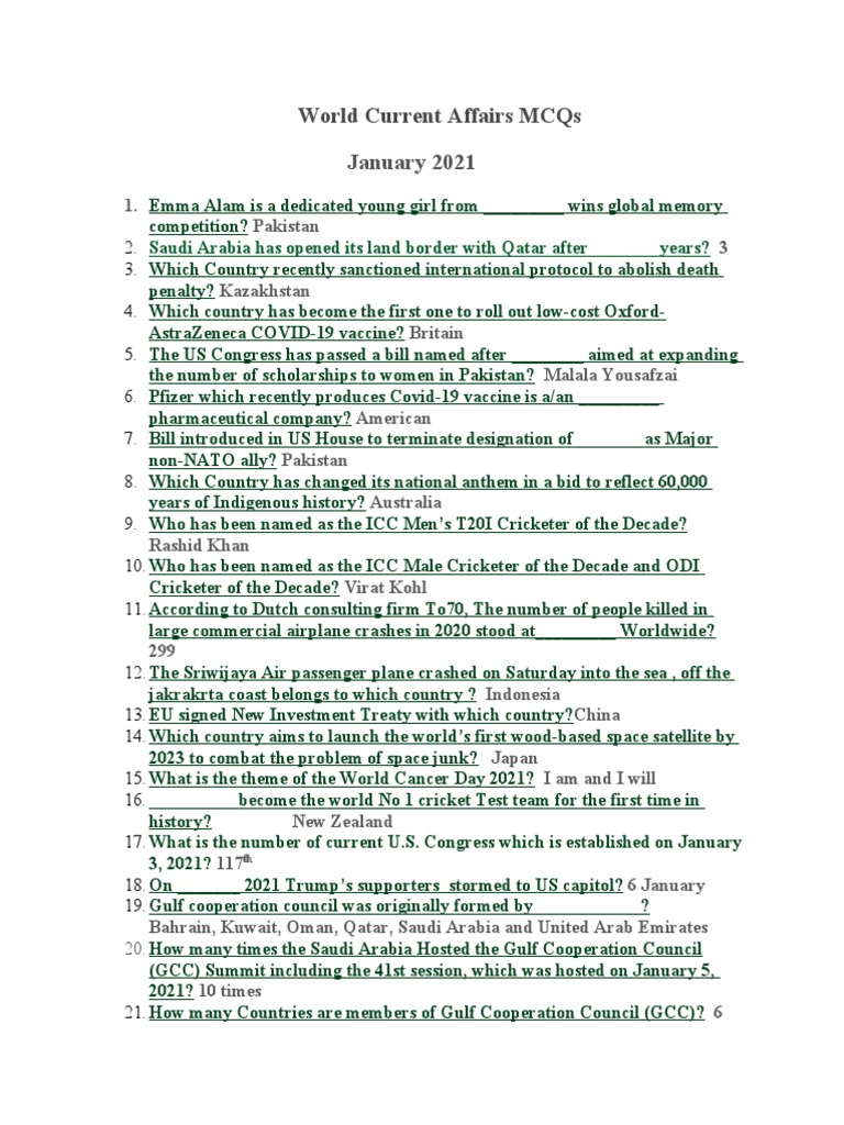 World Current Affairs MCQs | PDF