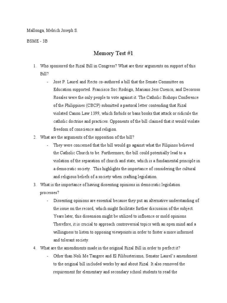 Memory Test Rizal Answers | PDF