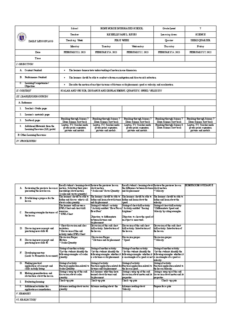 Grade 7 Science Lesson Plan on Motion | PDF