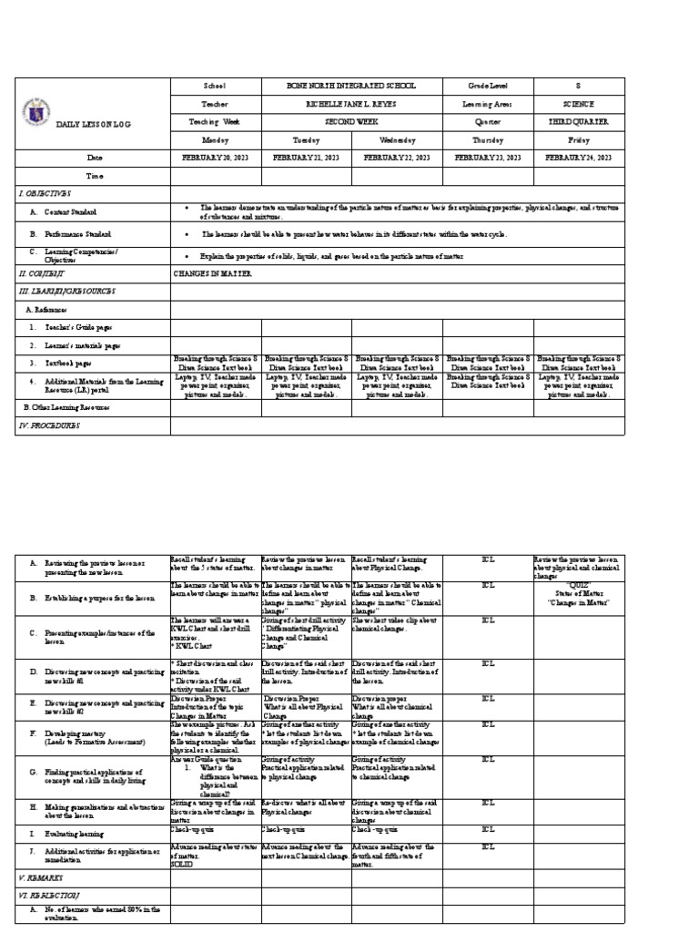 DLL-SCIENCE-8-SECOND-WEEK (1) | PDF | Learning | Textbook