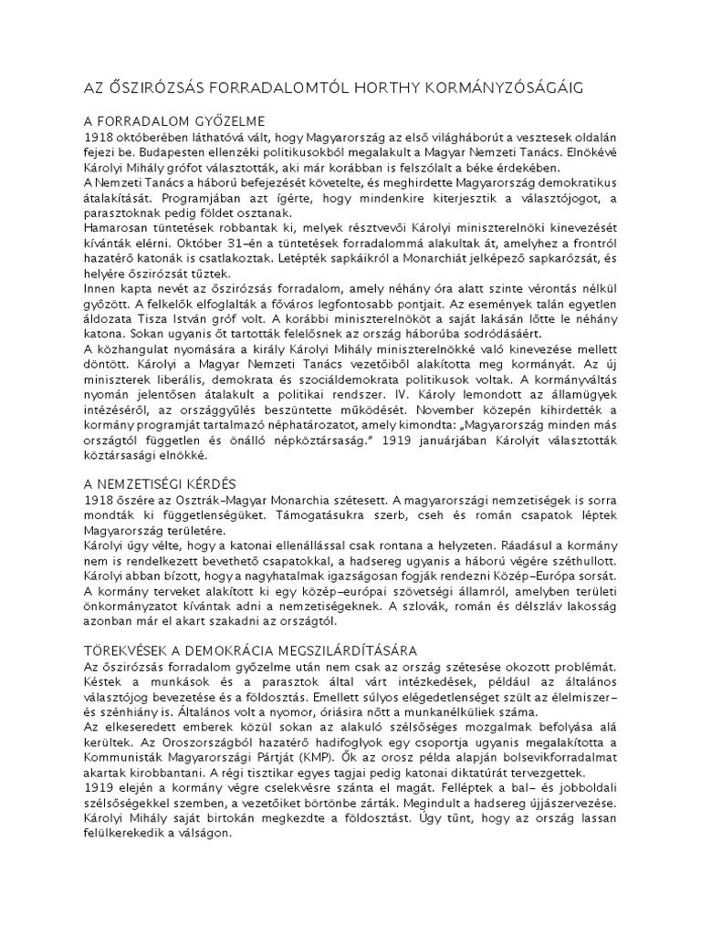 Az Őszirózsás Forradalomtól Horthy Kormányzóságáig | PDF