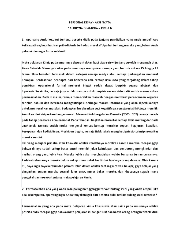 Personal Essay - Aksi Nyata - Saldhyna Di Amora | PDF