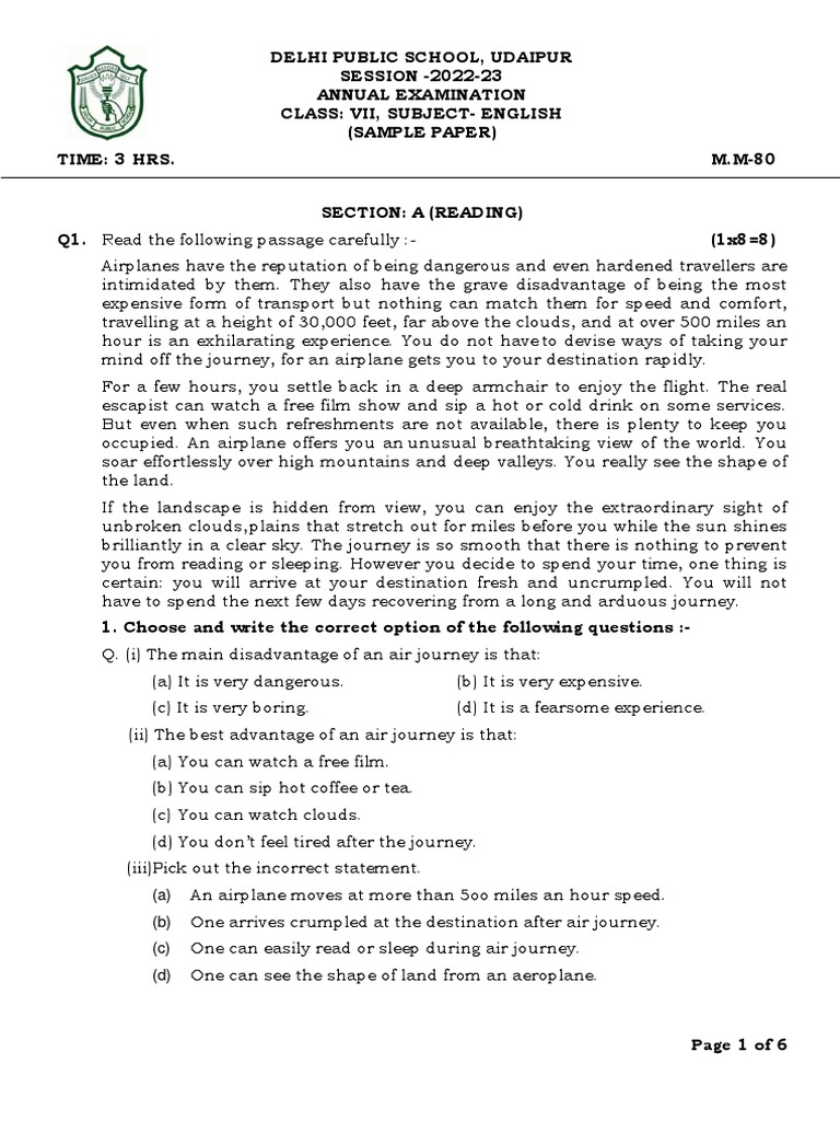 Class 7 English Annual Exam Sample Paper | PDF | Monsoon | Wound