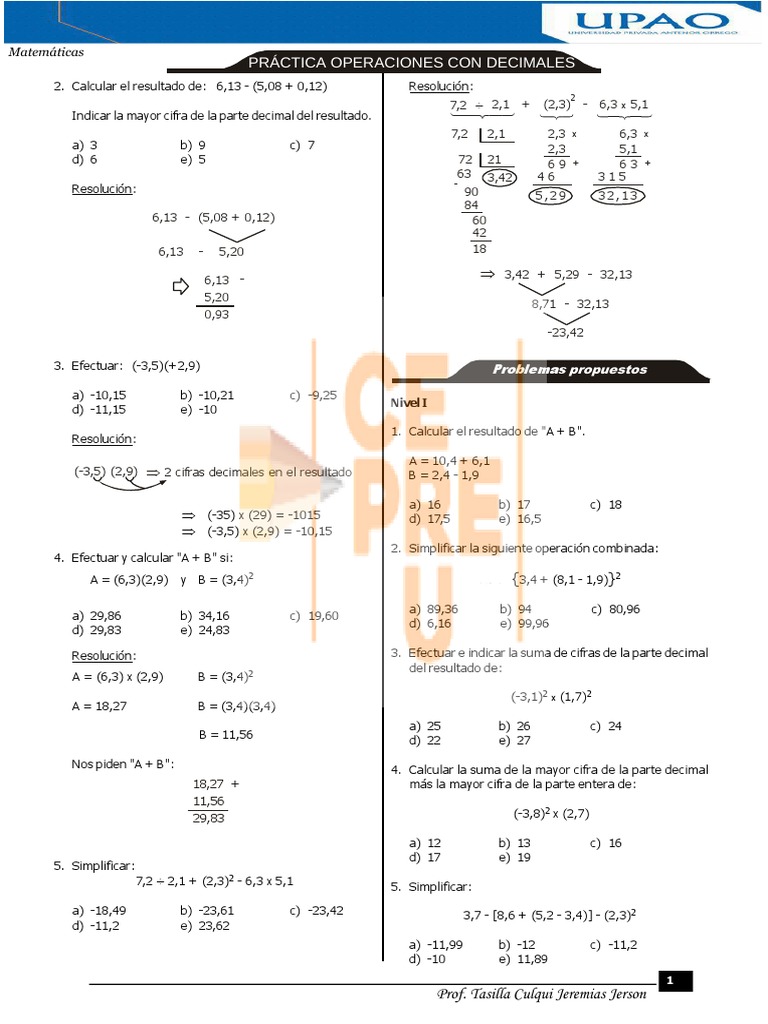 Practica Operaciones y Generatrices Decimales | PDF | Matemática ...