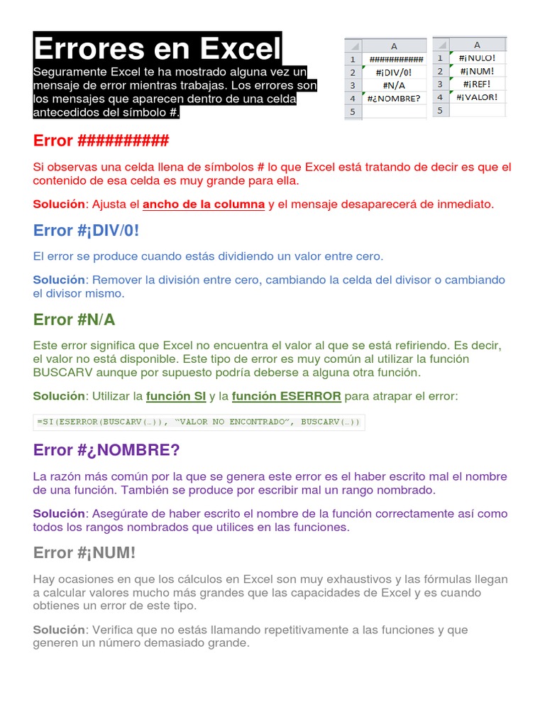Errores en Excel | PDF | Microsoft Excel | Informática Errores en Excel | PDF | Microsoft Excel | Informática