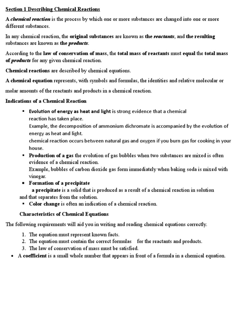 Section 1 Describing Chemical Reactions | PDF