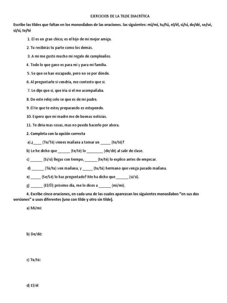 Ejercicios de La Tilde Diacrítica | PDF