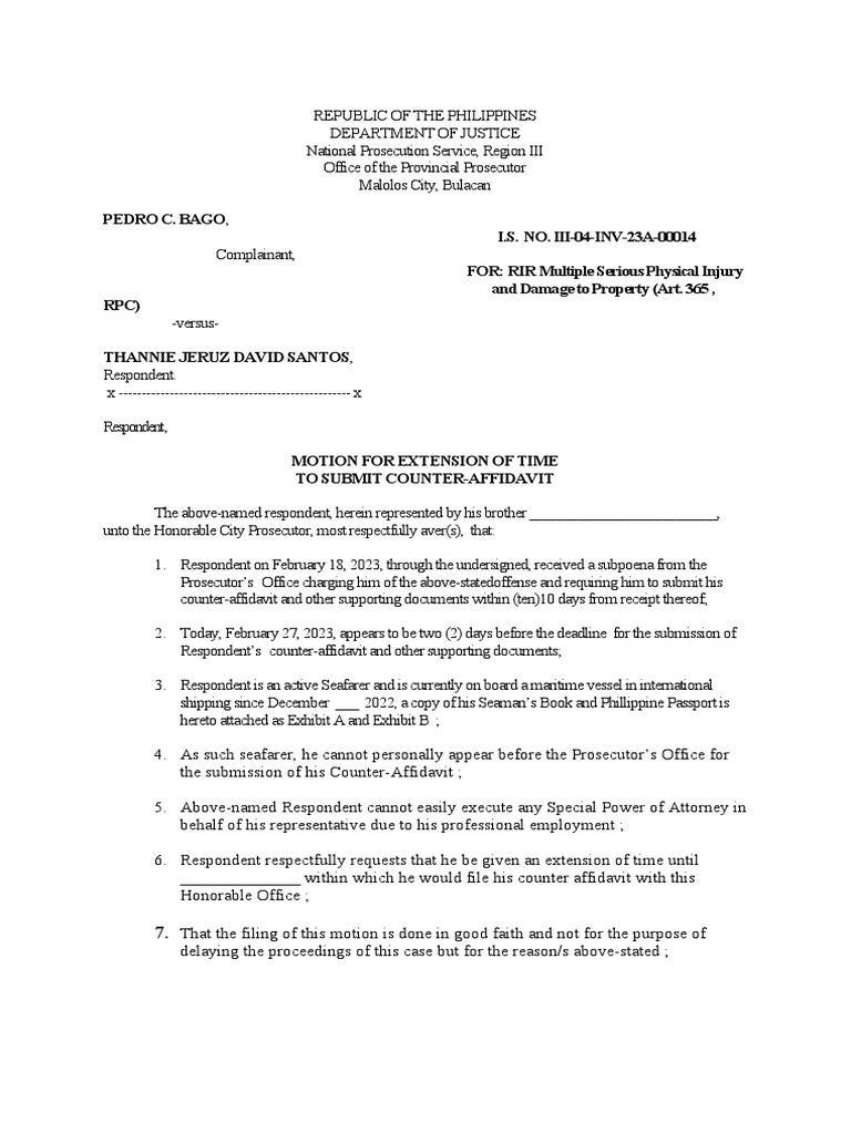 Extension of Time To File Counter | Download Free PDF | Prosecutor ...