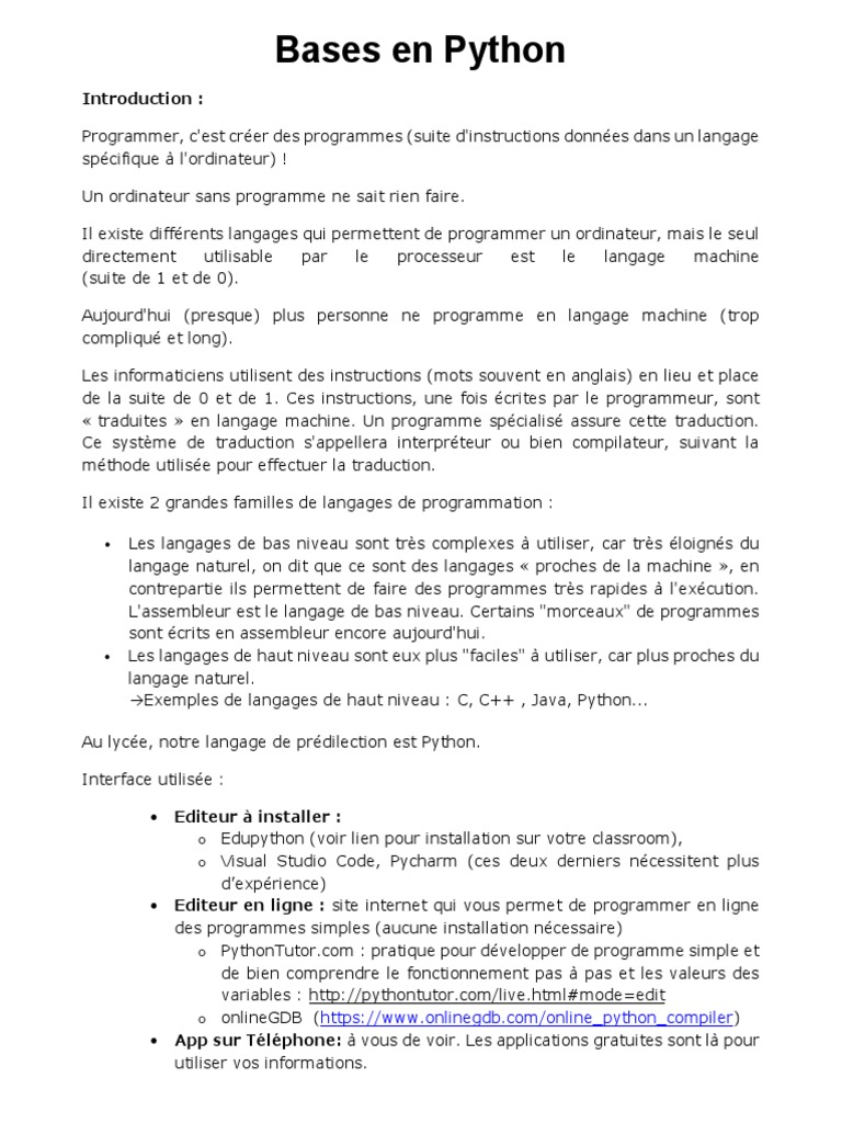 Bases Programmation Python - NSI - Partie 1 | PDF | Langage de programmation | Programmation ...