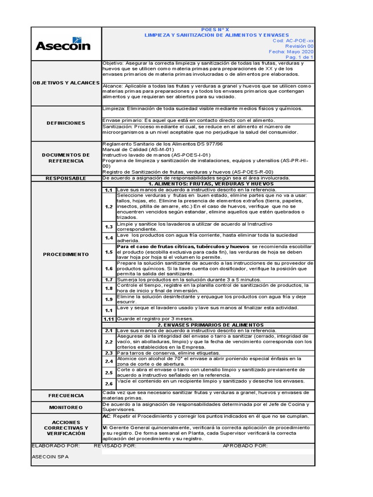 POES N° X SANITIZACION DE ALIMENTOS Y ENVASES | PDF | Alimentos | Vegetales