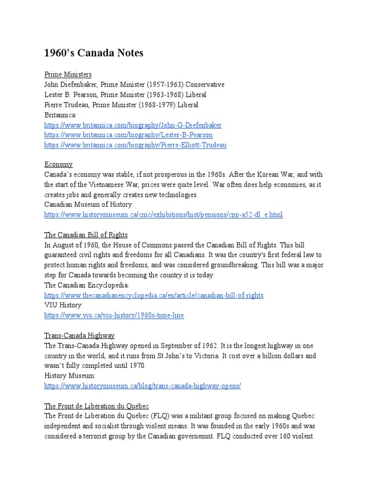 1960's Canada Notes | PDF | Canada | Politics Of Canada