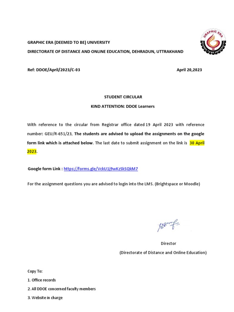 Assignment Submission Circular | PDF