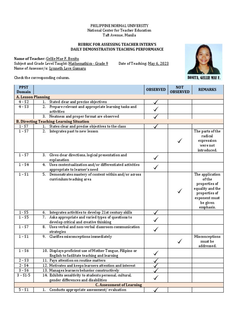 Bonita Rubric Checklist 1 | PDF | Learning | Teachers