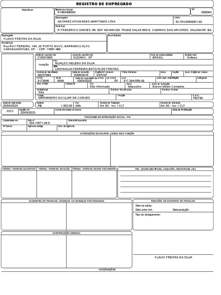 Ficha Registro de Empregado - FLAVIO | PDF