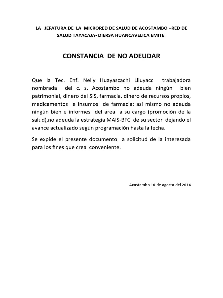 La Jefatura de La Microred de Salud de Acostambo | PDF