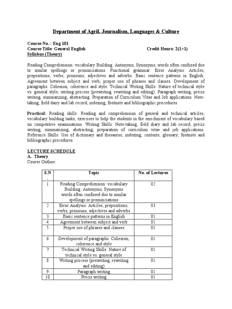 Course Contents (Eng 101) | PDF | English Language | Adverb