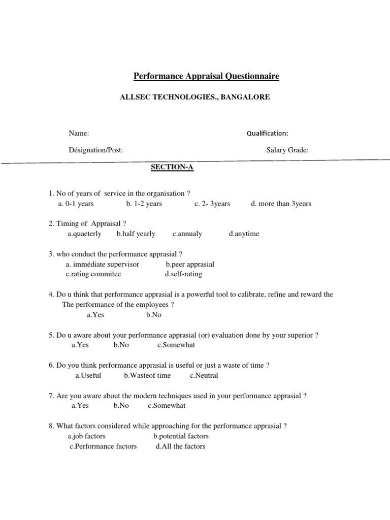 Performance Appraisal Questionnaire: Allsec Technologies., Bangalore | PDF