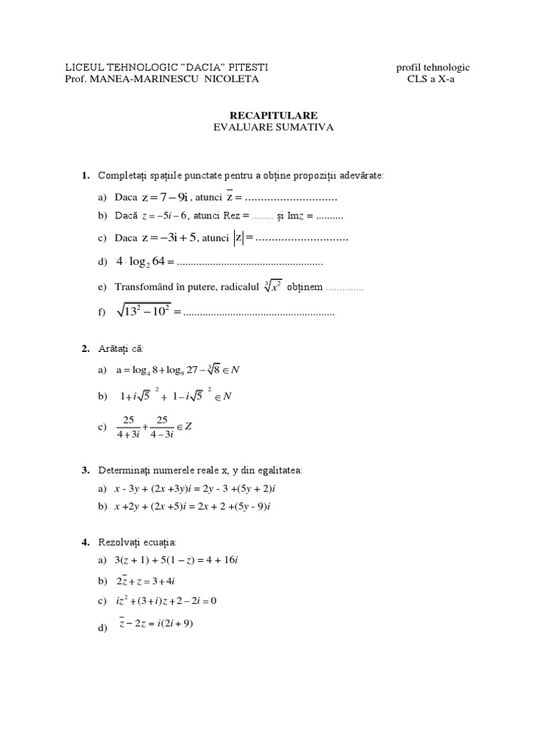 Evaluare Sumativa Radicali, Numere Complexe | PDF