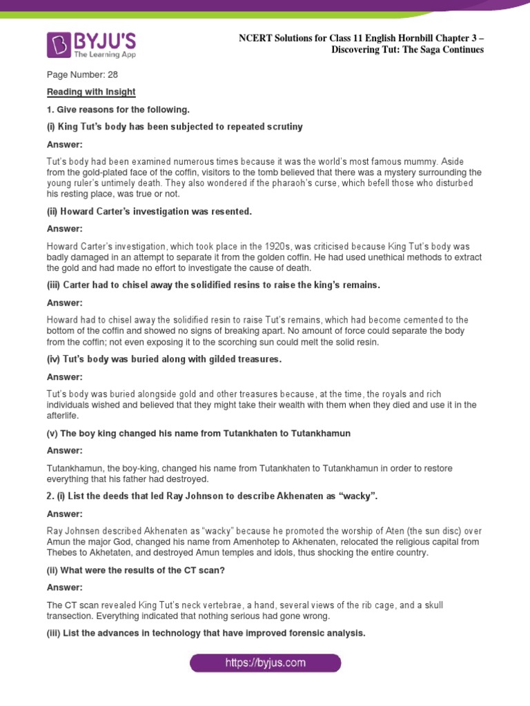 NCERT Solutions For Class 11 English Hornbill Reading Skills Chapter 3 Discovering Tut The Saga ...