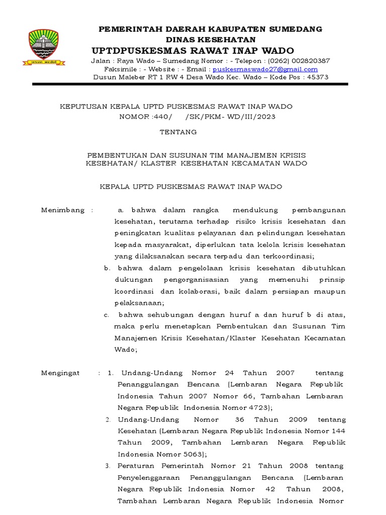 SK Tim Manajemen Krisis PKM Wado | PDF