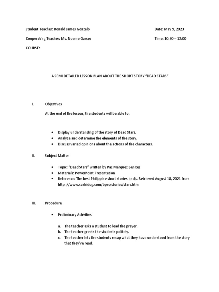 Dead Stars Lesson Plan | PDF