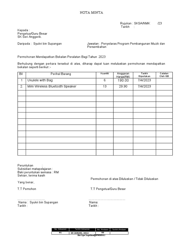 Nota Minta 2023 (KOSONG) | PDF