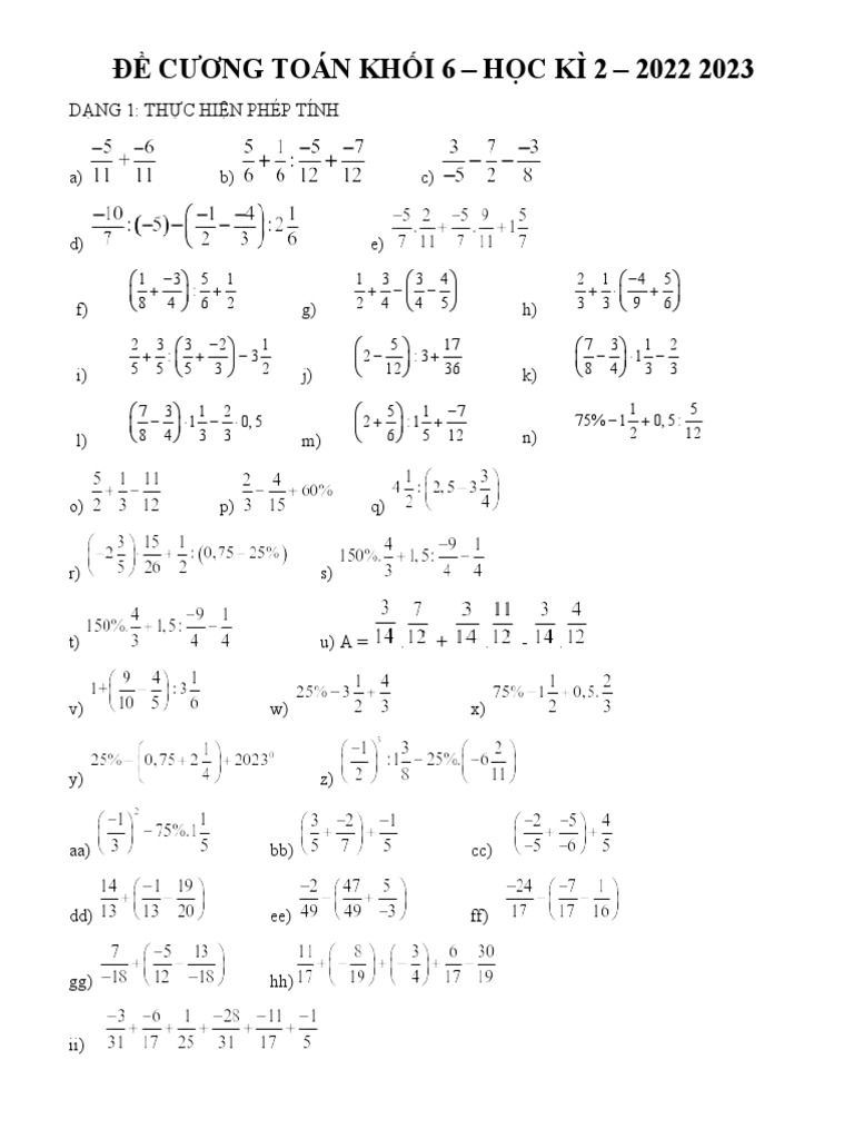 Đề Cương Toán 6 - Hk2 2022 2023 6 | PDF