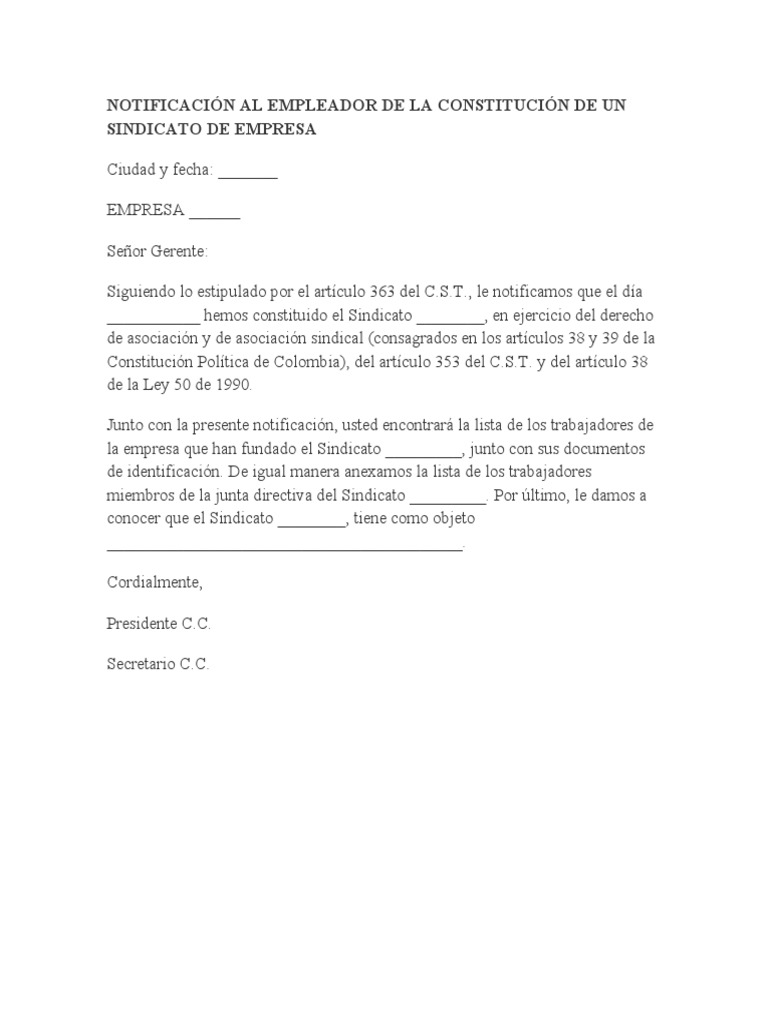 Notificacion Al Empleador de Constitucion de Sindicato | PDF Notificacion Al Empleador de Constitucion de Sindicato | PDF