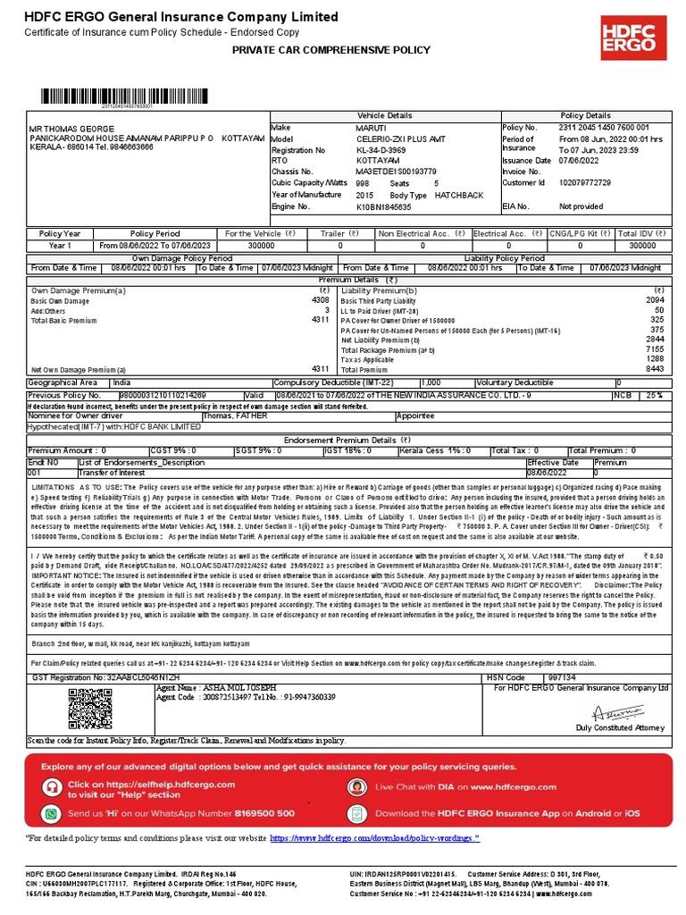 Comprehensive Motor Insurance Policy Certificate and Schedule for Mr ...