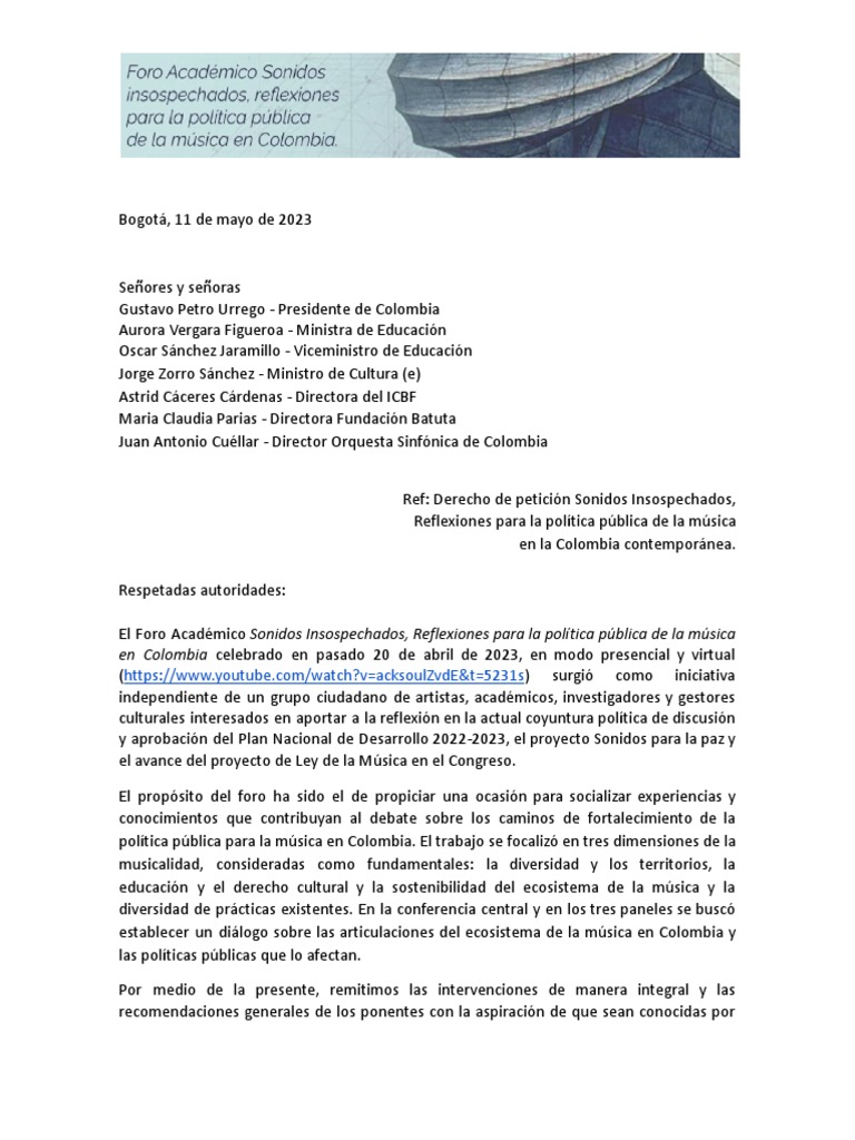 Carta Ref Foro Sonidos Insospechados, Politicas para La Musica en Colombia | PDF ...