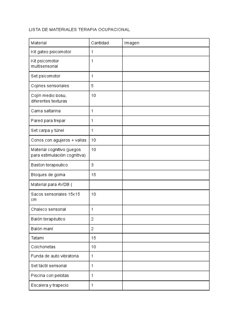 Lista de Materiales Terapia Ocupacional | PDF