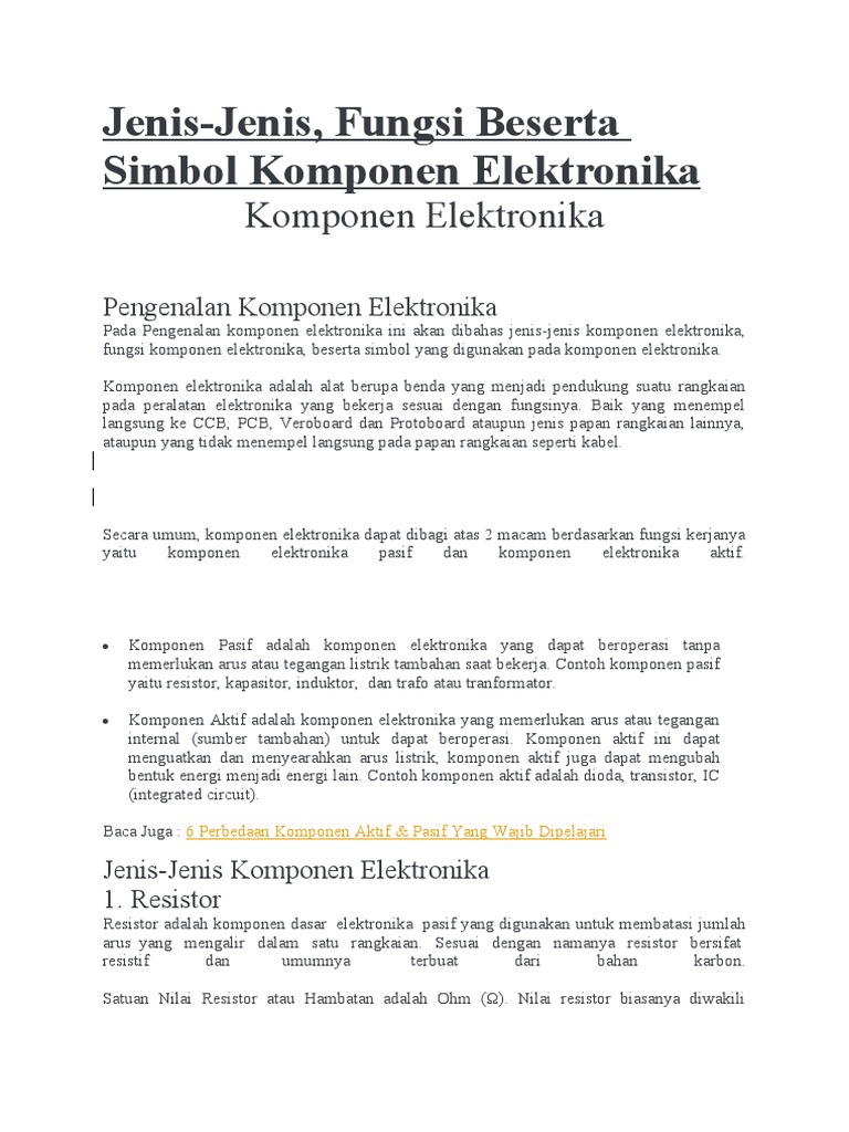 Jenis-Jenis, Fungsi Beserta Simbol Komponen Elektronika | PDF