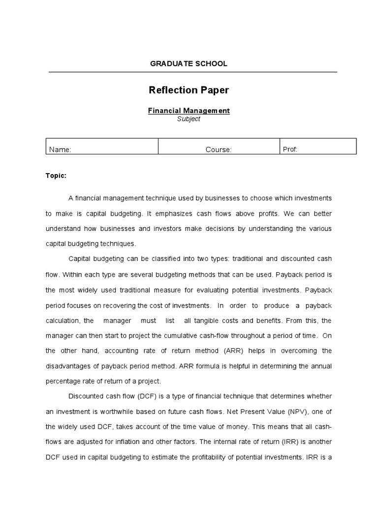 Reflection Paper Format | PDF | Capital Budgeting | Net Present Value