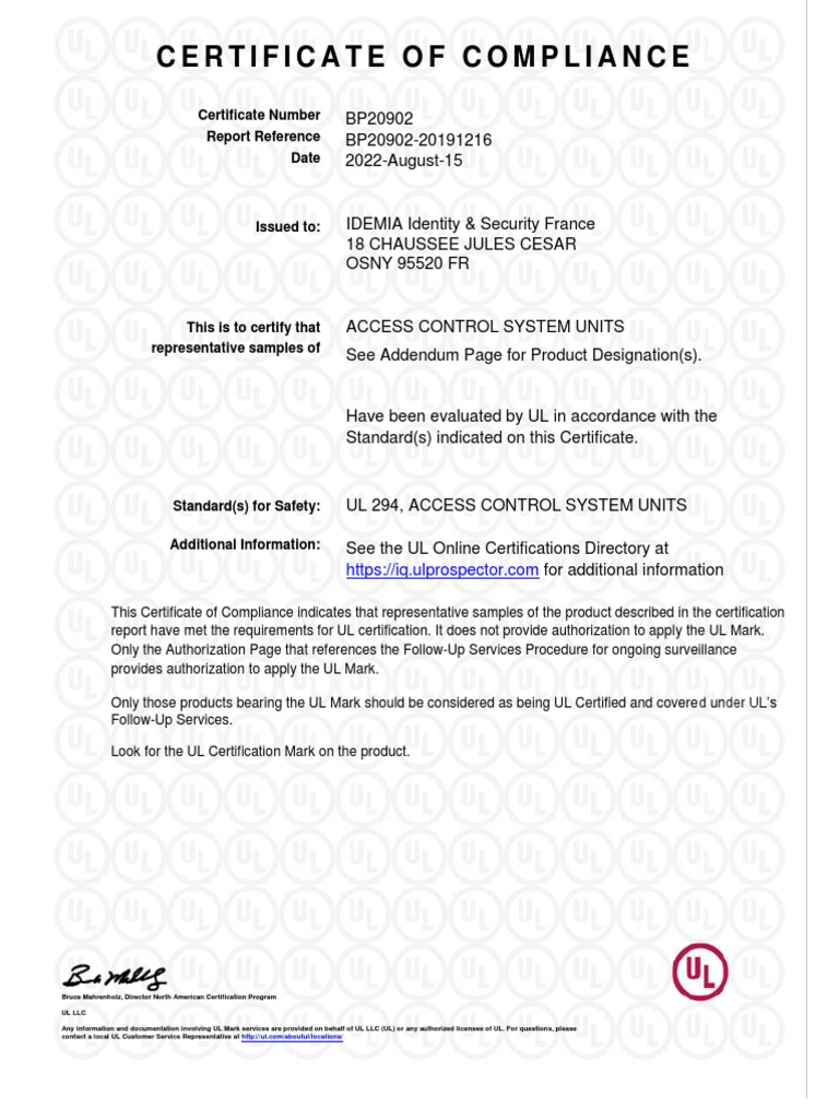 MorphoWave - UL 294 Certificate | PDF