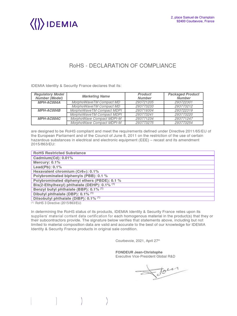 MorphoWave Compact - RoHS 3 Declaration of Compliance | PDF