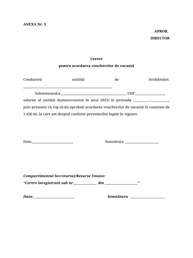Anexa NR 3 - Cerere Acordare Vouchere Vacanta | PDF