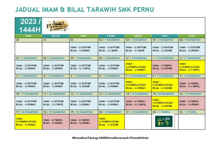 Jadual Imam Tarawih - 2023 | PDF
