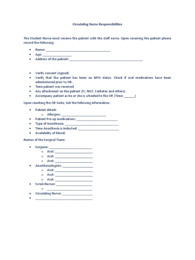Circulating Nurse Responsibilities | PDF | Surgery | Anesthesia