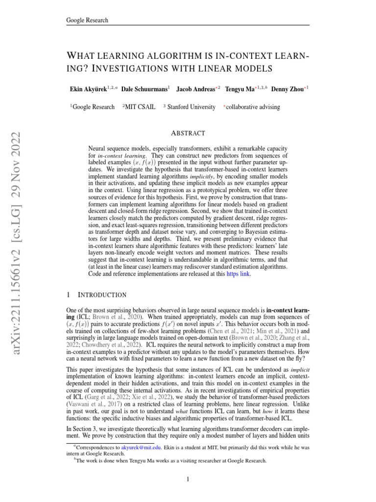 What Learning Algorithm Is In Context Learning Investigations With 5357