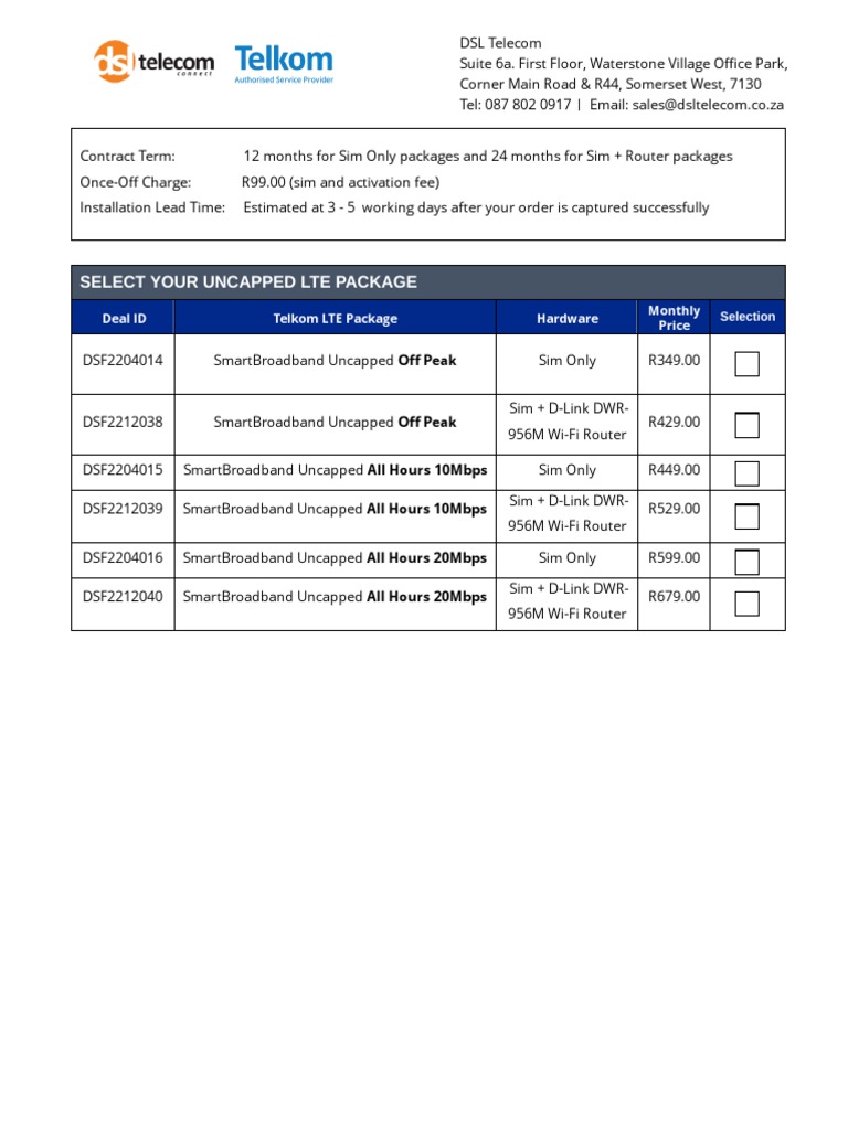 Telkom Uncapped LTE Off Peak Application Form (Business) 2023 | PDF ...